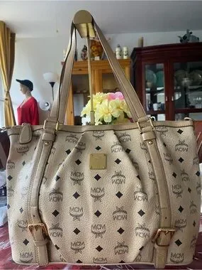 MCM | Bags | Mcm Beige Visetos Monogram Tote With Gold Plaque Accents ...